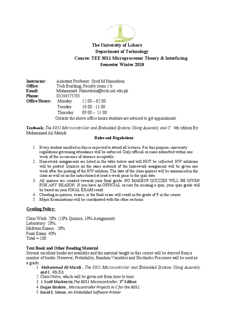 Syllabus for Microprocessor Theory & Interfacing Course at the ... Syllabus for Microprocessor Theory & Interfacing Course at the ...