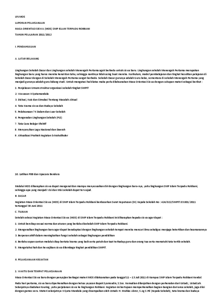 Laporan Pelaksanaan MOS SMPIT Robbani | PDF | Kesehatan Holistik
