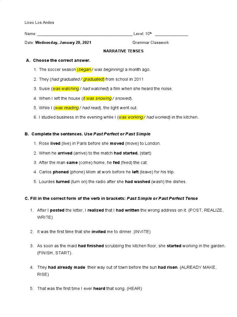 Grammar - Narrative Tenses Practice ANSWER KEY | PDF
