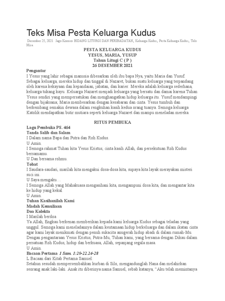 Teks Misa Pesta Keluarga Kudus | PDF