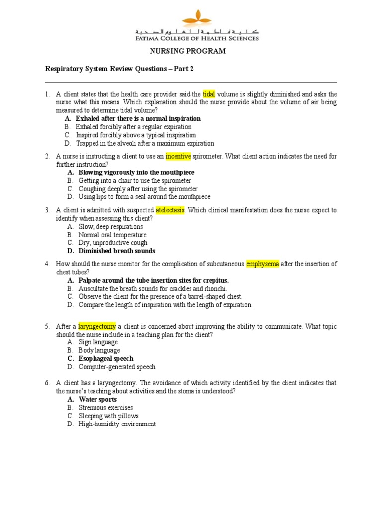 Assig 4 - Respiratory System - Part 2 - ANSWER KEY | PDF | Exhalation | Asthma