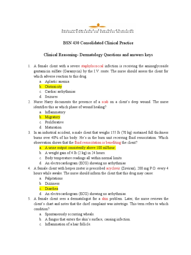 BSN 430 Clinical Dermatology Questions | PDF | Melanoma | Skin