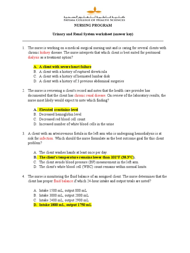 Urinary and Renal Worksheet Answer Key | Download Free PDF | Chronic ...
