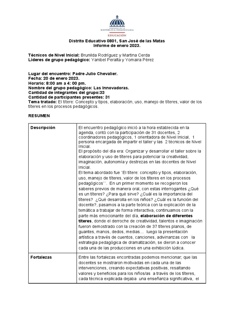 Informe Del Grupo Pedagogico Enero 2023 | PDF | Método de enseñanza ...