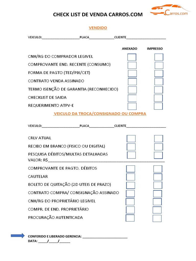 Check List de Venda Carros | PDF