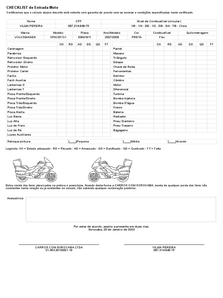 Checklist - Moto | Download grátis PDF | Motocicleta | Veículos