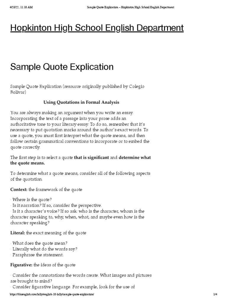Sample Quote Explication - Hopkinton High School English Department ...