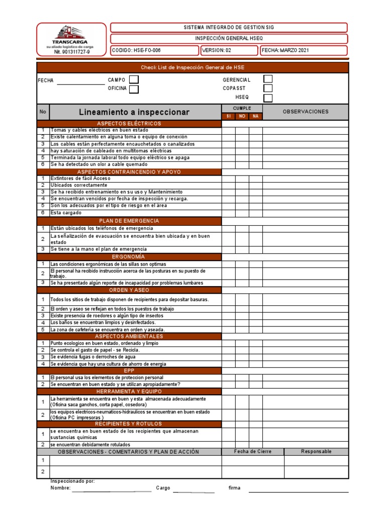 Inspección General HSEQ: Checklist 2021 | PDF