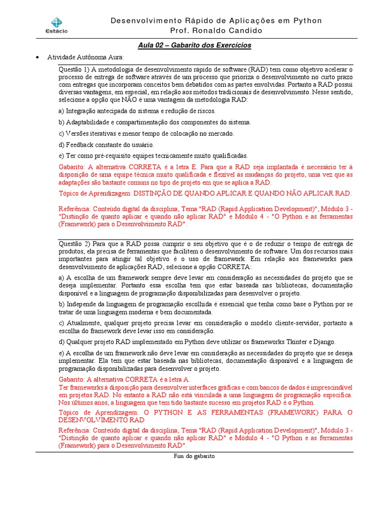 2022.2 Desenvolvimento R Pido Python Aula02 Exerc Cios Gabarito | PDF | Framework de software ...