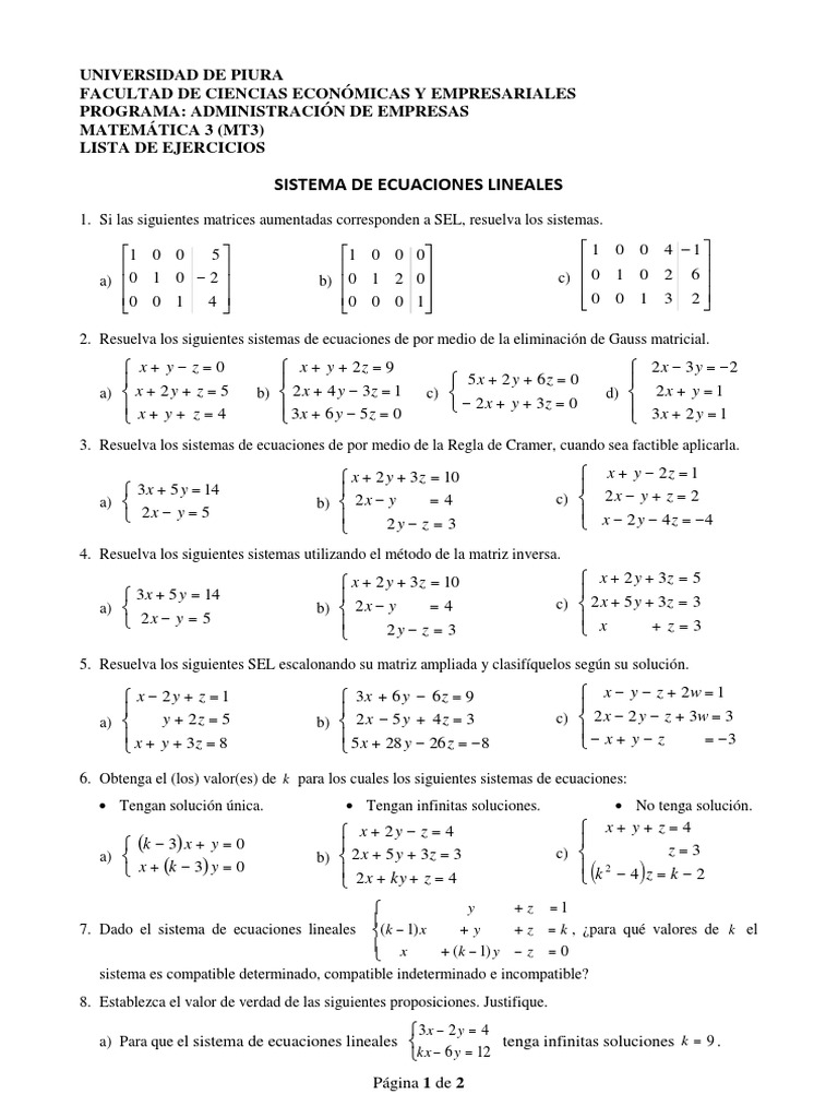 Lista de Ejercicios - Sistema de Ecuaciones Lineales | PDF | Sistema de ecuaciones lineales ...