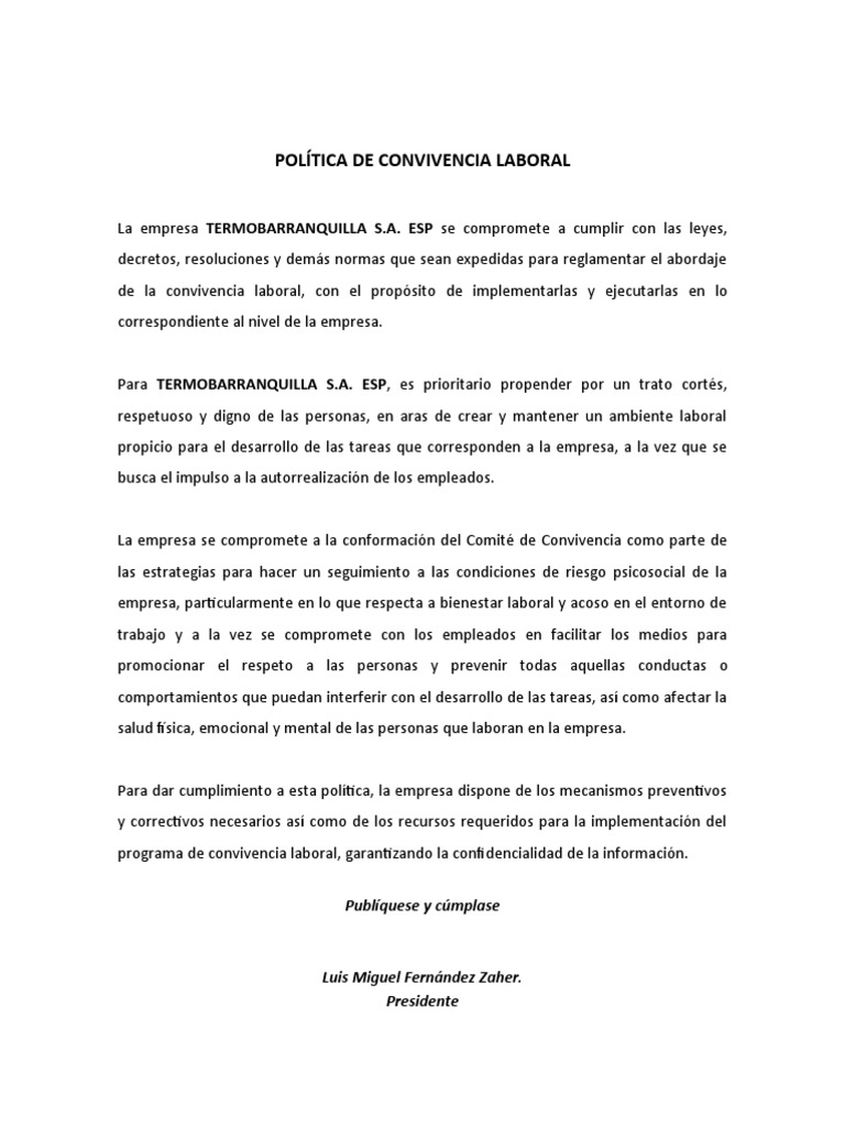 Política de Convivencia Laboral | PDF