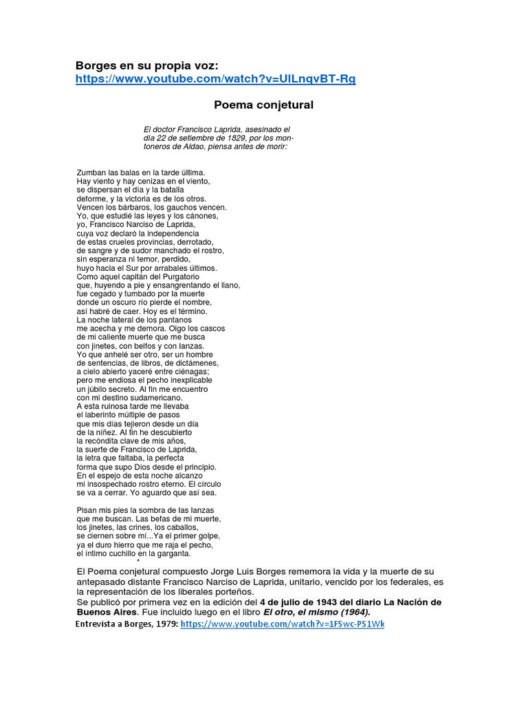 Borges recuerda la muerte de su antepasado Laprida en poema conjetural ...