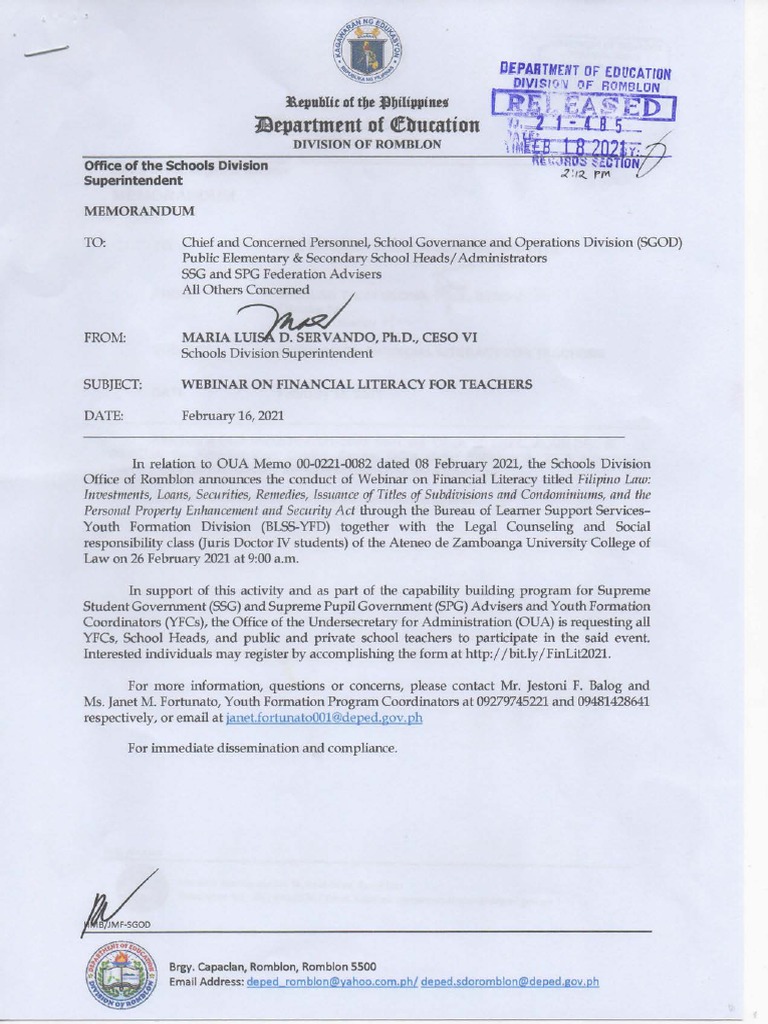Memorandum Entitled Webinar On Financial Literacy For Teachers | PDF