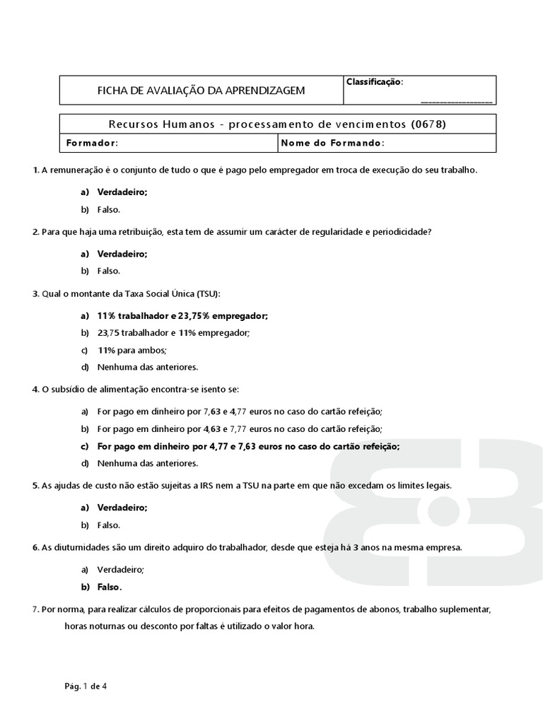 Ufcd 0678 Ficha de Avaliao Da Aprendizagem | PDF | Férias trabalhistas ...