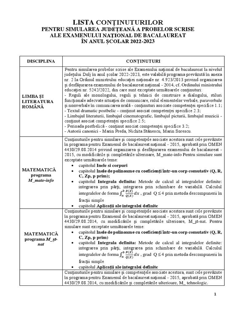 Lista Continuturi Simulare Judeteana Bacalaureat 2023-1 | PDF