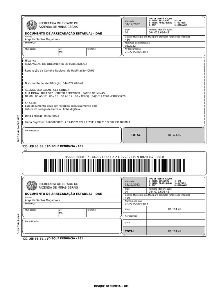 Documento de Arrecadação Estadual (DAE) para Renovação de Carteira ...