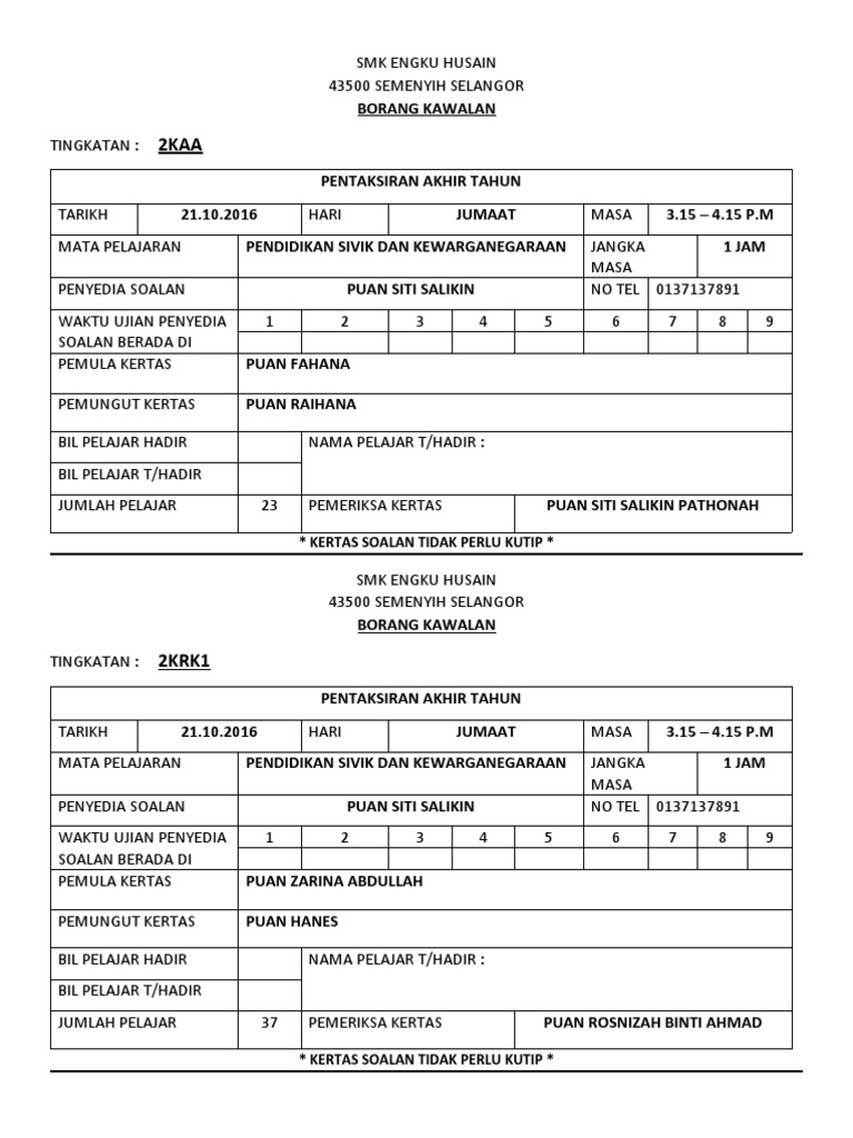 Borang Kawalan Periksa | PDF