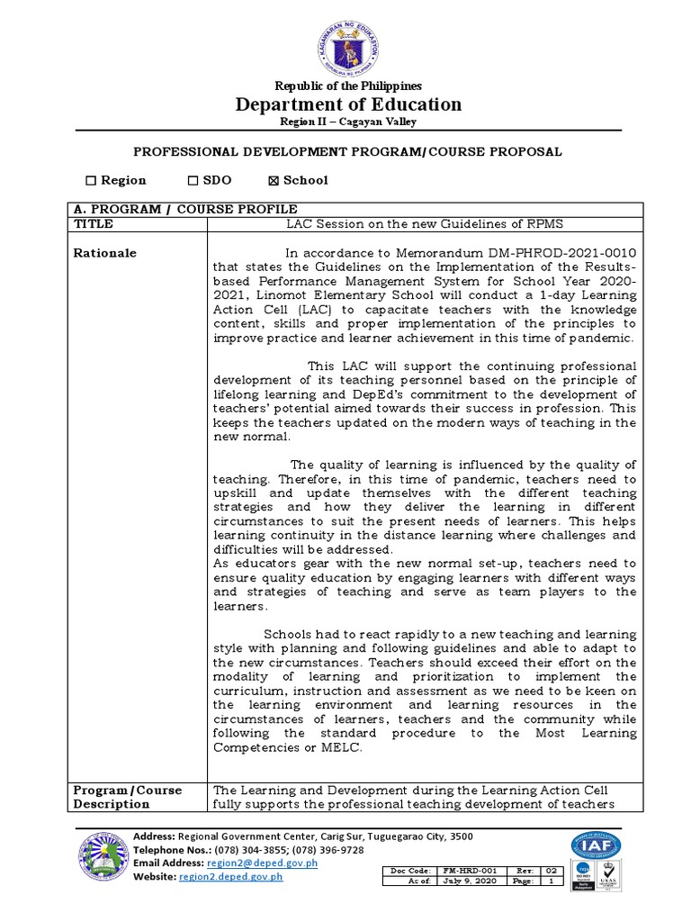 Professional Development Program - COurse Proposal On The Guidelines of RPMS | PDF | Teaching ...