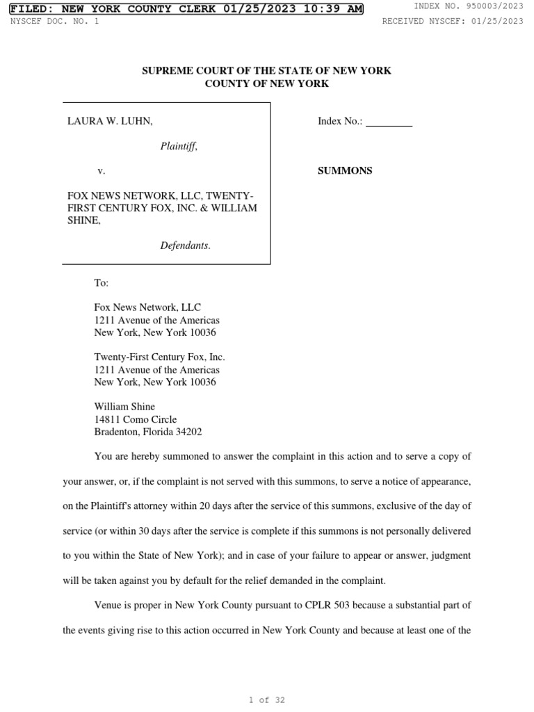 2023 Laura W Luhn V Fox News Network LLC Et Al Summons Complaint 1 ... 2023 Laura W Luhn V Fox News Network LLC Et Al Summons Complaint 1 ...
