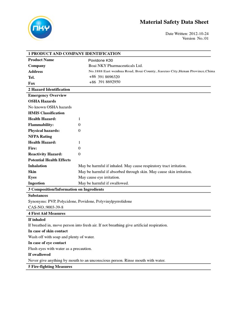 MSDS PVP K30 Usp | Download Free PDF | Carcinogen | Dangerous Goods