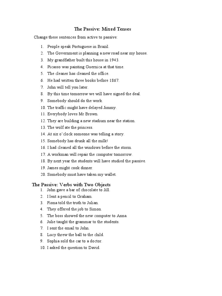 The Passive Exercises-Mixed Tenses and Two Objects | PDF | Linguistic Morphology | Syntax