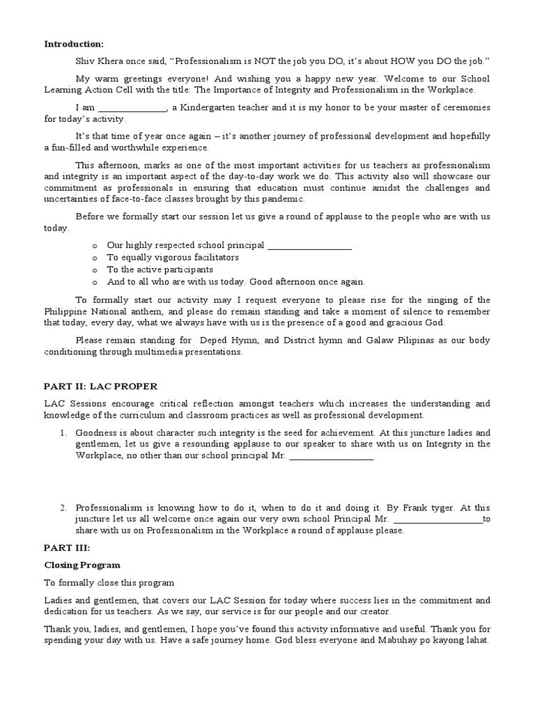 Emcee Script Lac Sessions | PDF | Learning | Behavior Modification