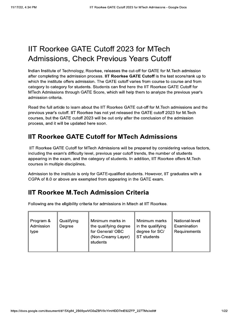Iit Roorkee Gate Cutoff 2023 For Mtech Admissions Check Previous Years ...
