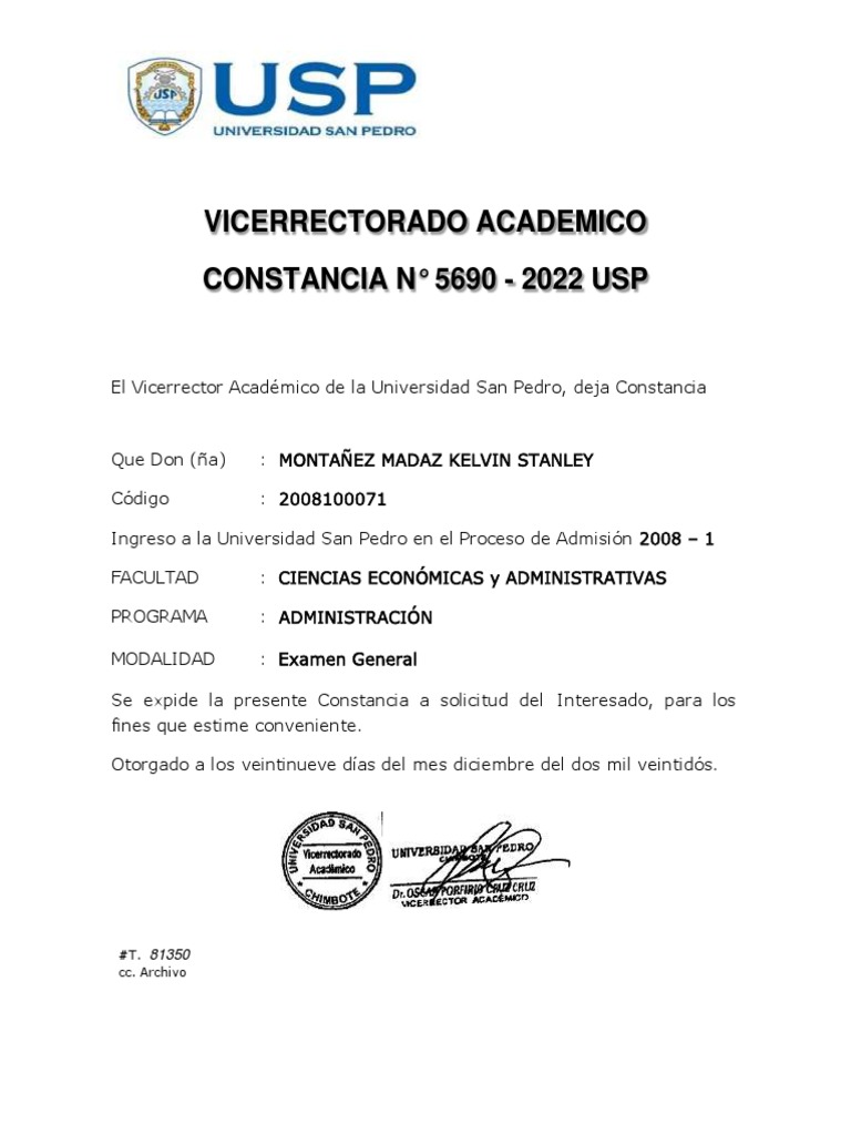 Constancia de Ingreso USP 2022 | PDF