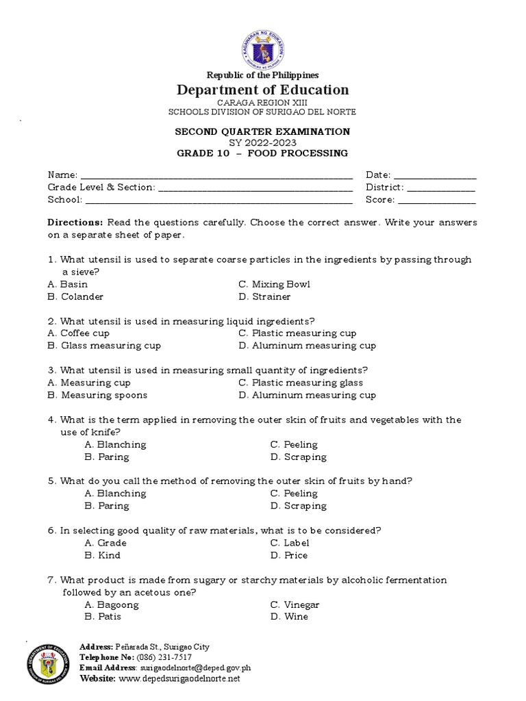 Grade 10 Food Processing Exam Q2 | PDF | Vinegar | Fruit Preserves
