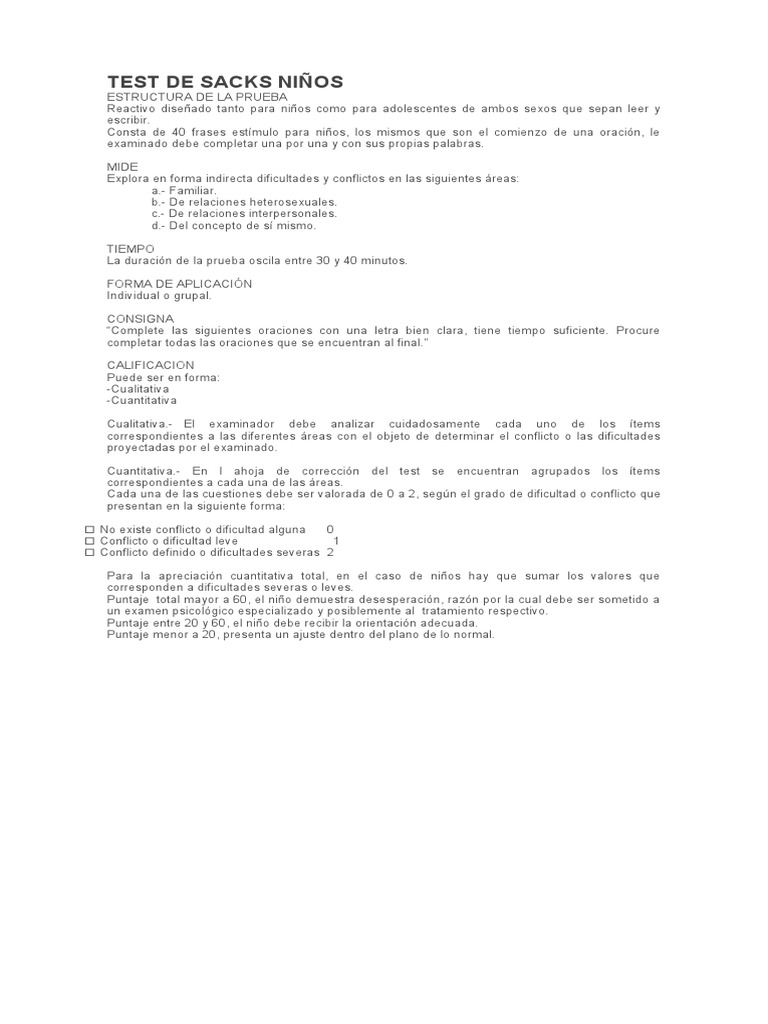 Test Sacks para Niños: Guía y Aplicación | PDF