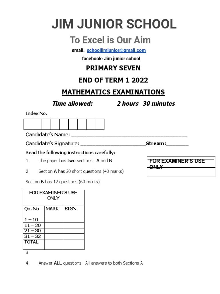 Jim Junior School Primary Seven Exam | PDF | Mathematics