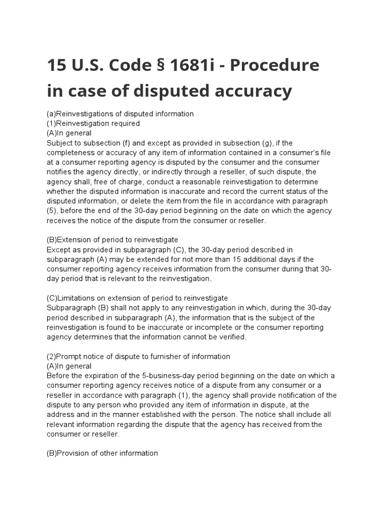 15 U.S. Code 1681i - Procedure in Case of Disputed Accuracy | PDF | Credit Bureau | Complaint