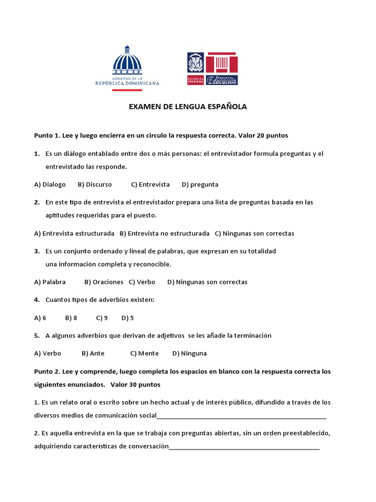 Examen de Lengua Española. 1 y 2 | PDF | Adverbio | Verbo