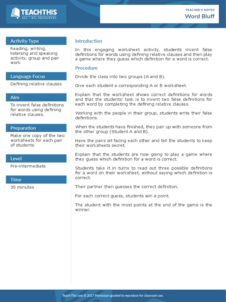 Word Bluff | PDF | English As A Second Or Foreign Language | Human ...