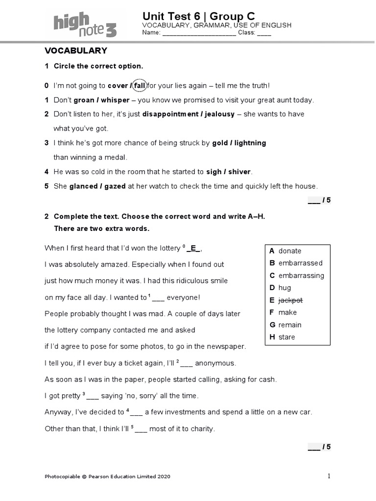 HighNote3 Unit Language Test Unit06 GroupC | PDF