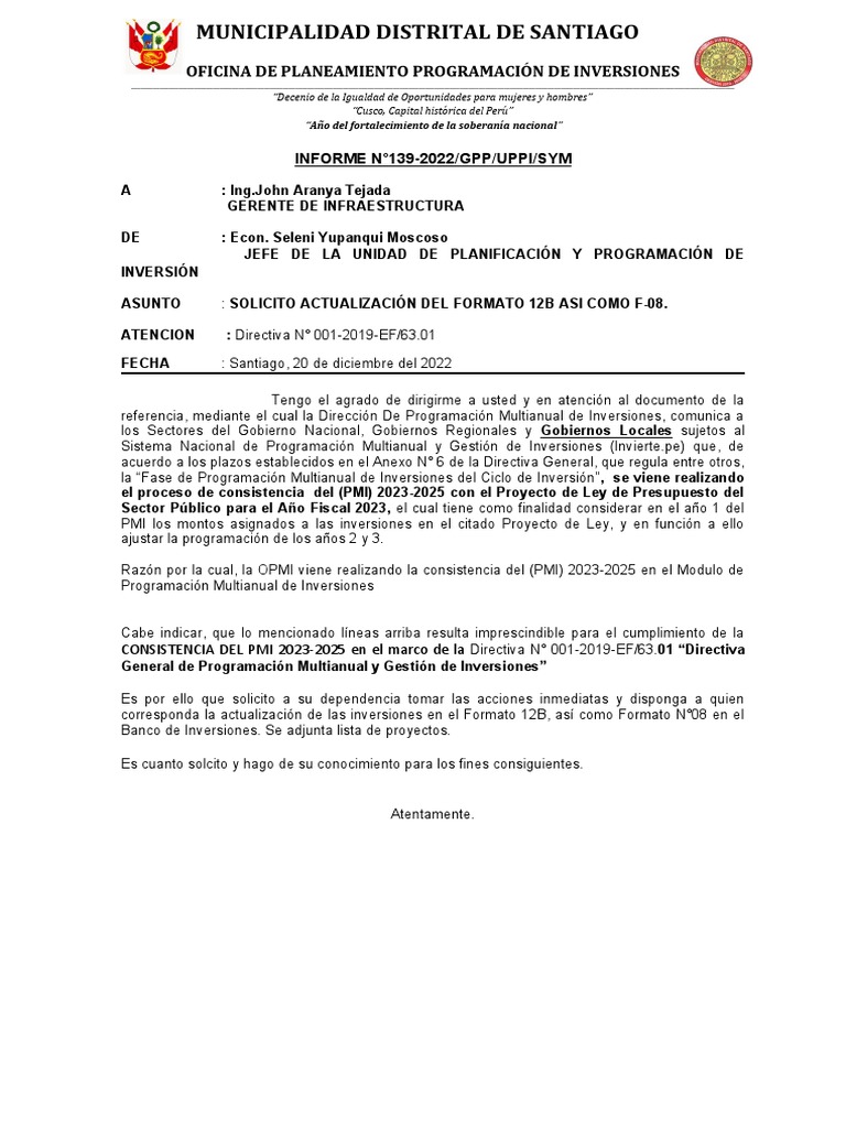 INFORME Nº139 Solicito Actualizacion Del F-12B para Inicio de Consistencia | PDF | Santiago ...