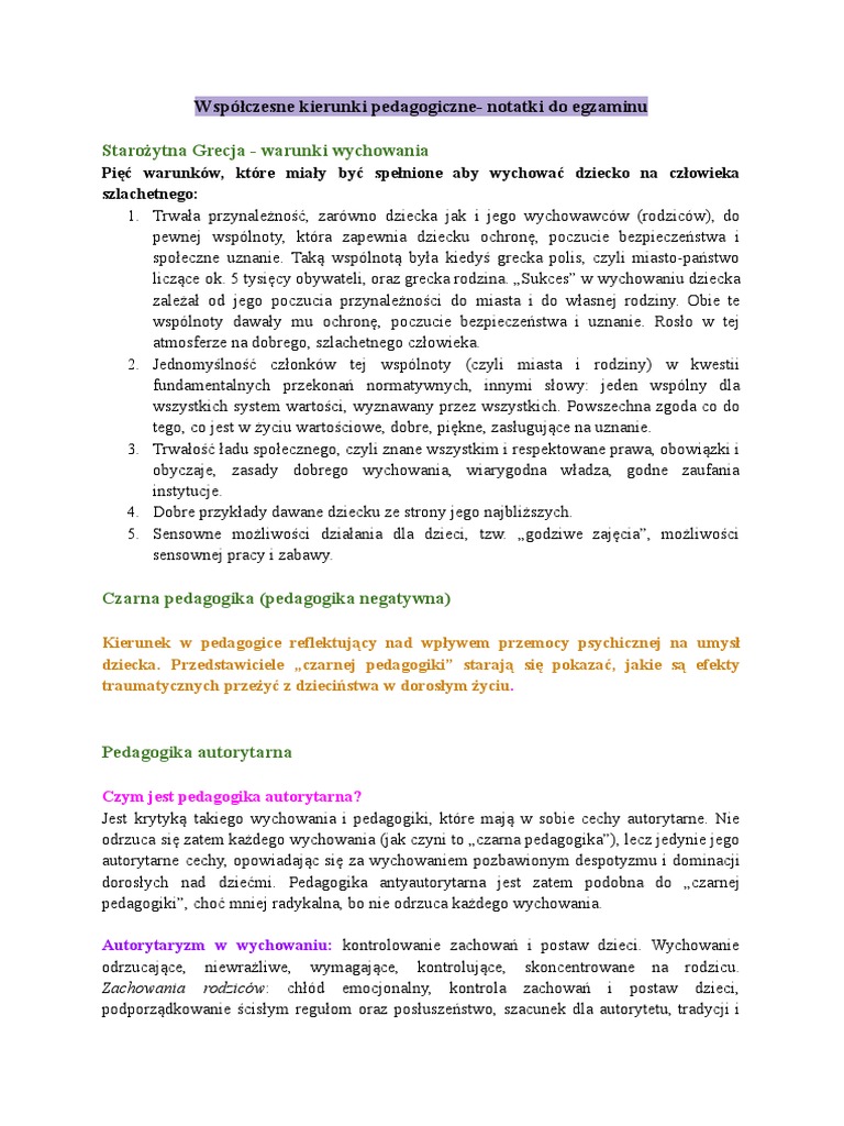 Współczesne Kierunki Pedagogiczne Notatki | PDF