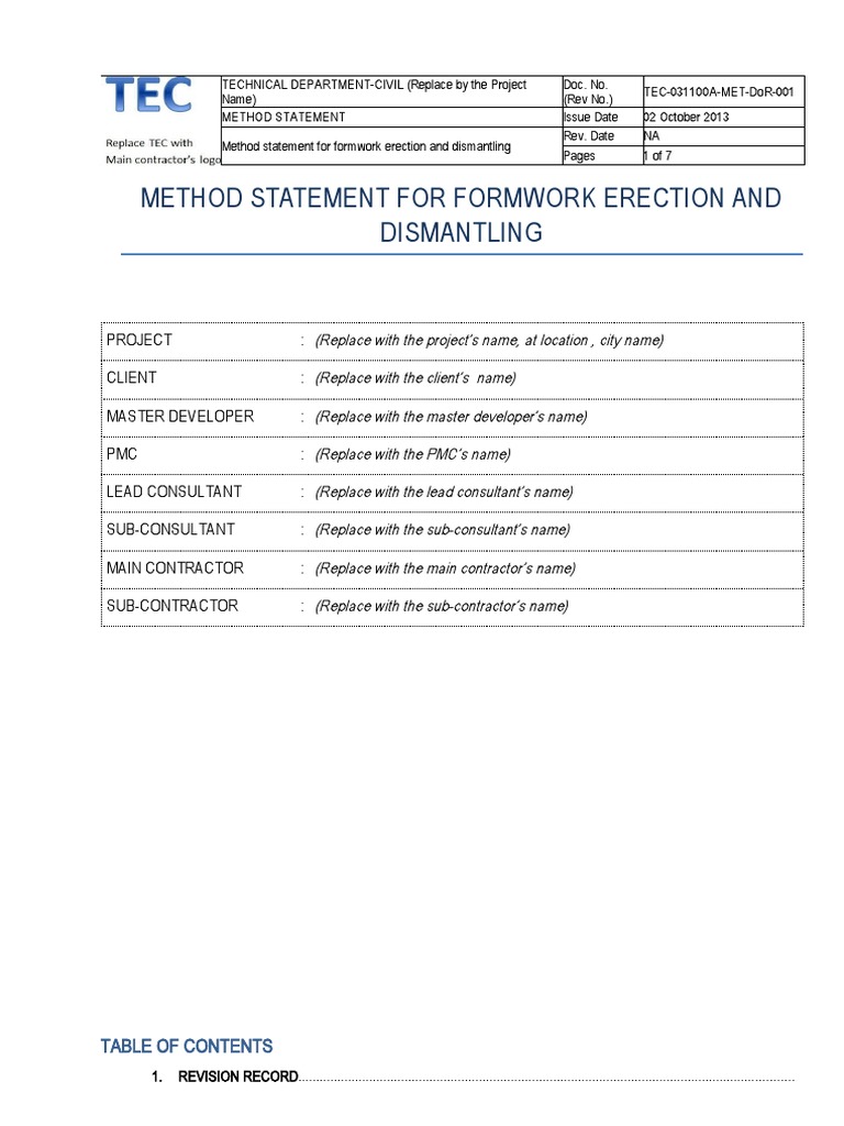Method Statement For Formwork Erection and Dismantling | PDF | Quality Assurance | Specification ...