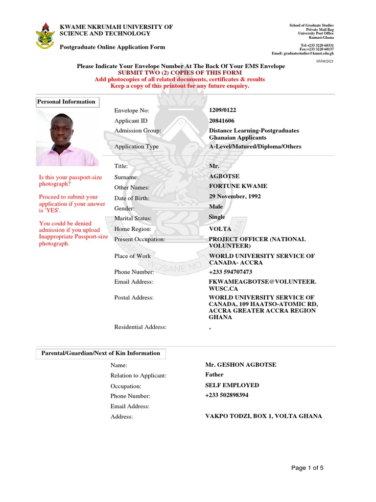 KNUST ONLINE ADMISSIONS-Applicant ID - 20841606 | PDF | Academic Degree ...