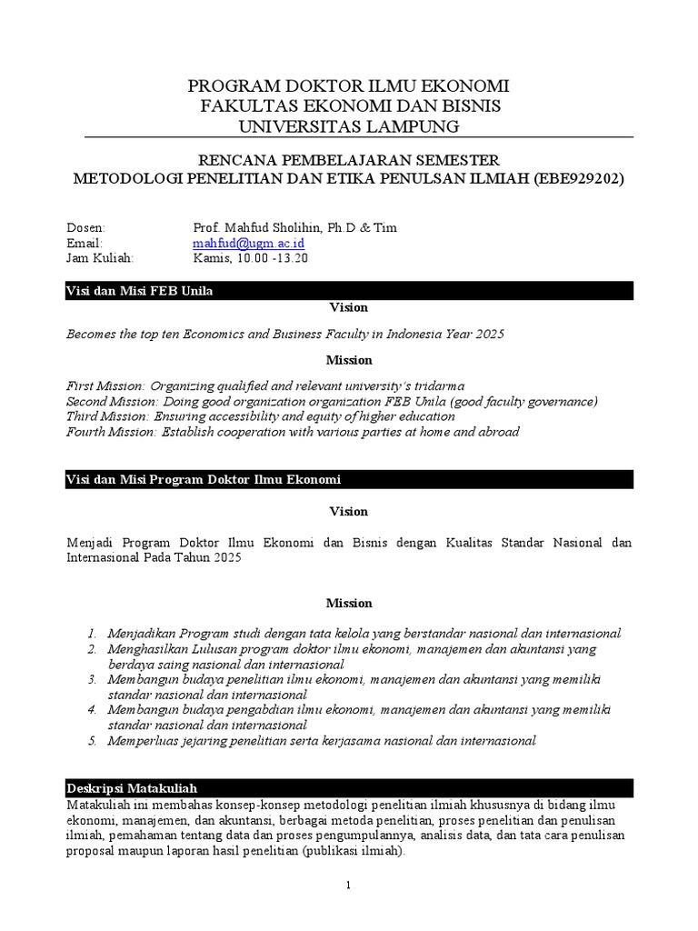 RPS - Metodologi Penelitian Ilmiah Dan Etika Penulisan Ilmiah | PDF