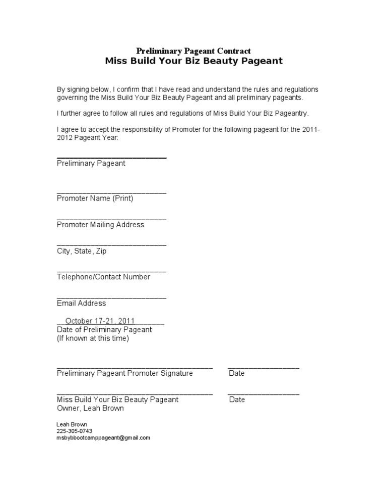 BYB Preliminary Pageant Contract | PDF