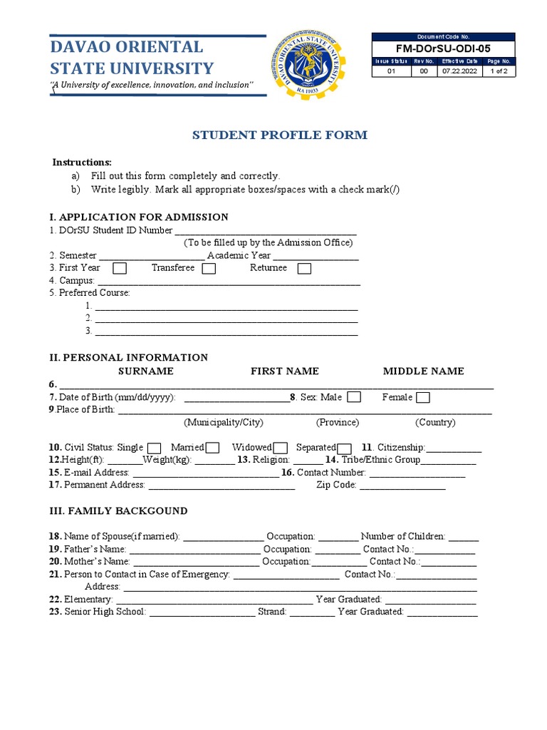 FM DOrSU ODI 05 Student Profile Form | PDF | Justice | Crime & Violence