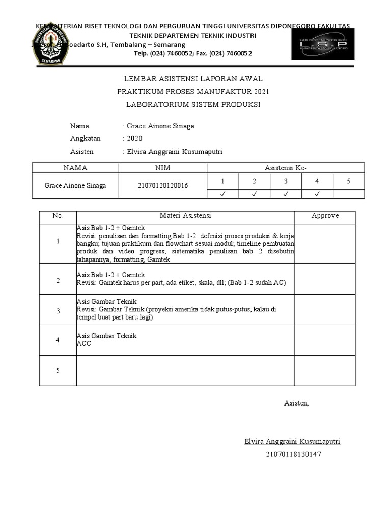 Grace Ainone Sinaga - 21070120120016 - Lembar Asis Laporan Awal | PDF