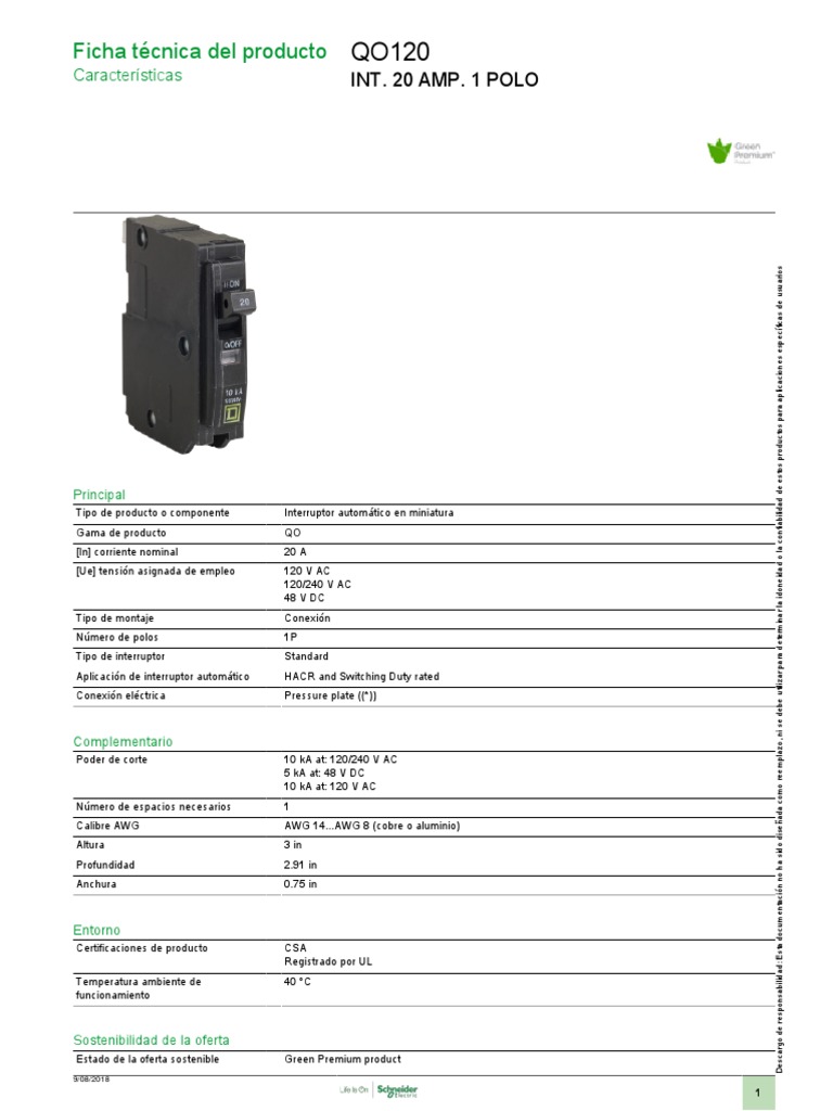 Ficha Técnica Interruptor QO120 20A | PDF
