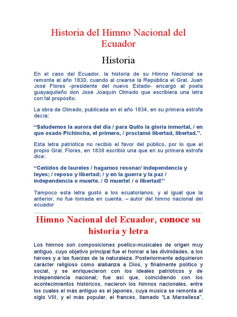 Historia Del Himno Nacional Del Ecuador | PDF | Clásicos