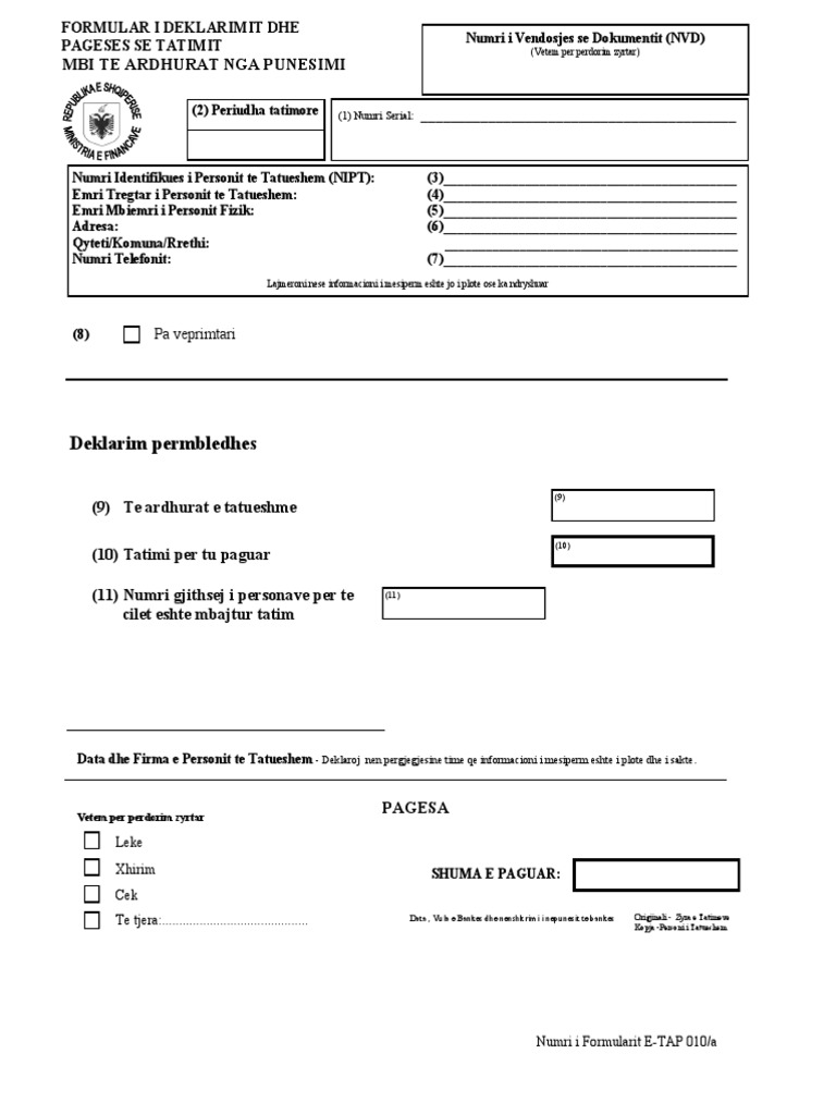 Deklarata e Tatimit Mbi TÃ Ardhurat Nga PunÃ Simi | PDF