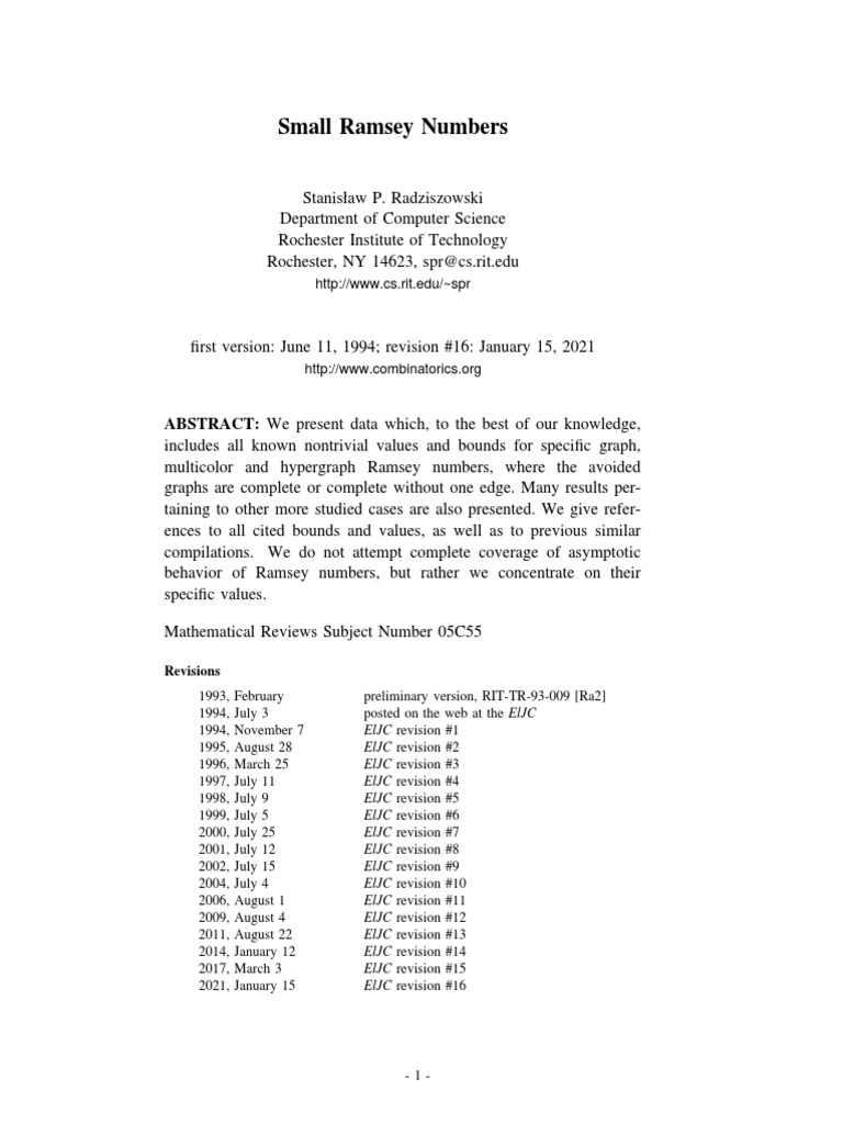 (Radziszowski) Small Ramsey Numbers | PDF | Discrete Mathematics | Combinatorics