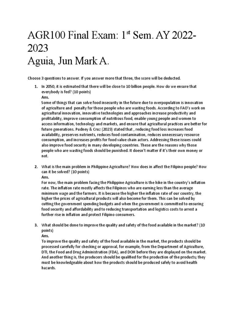 Final Exam Agr 100 AY 2022 | PDF | Food Security | Agriculture