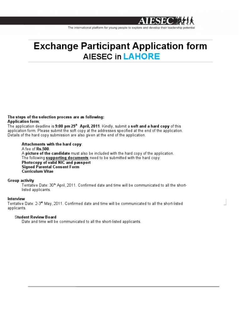 Exchange Participant Application Form: Lahore | PDF