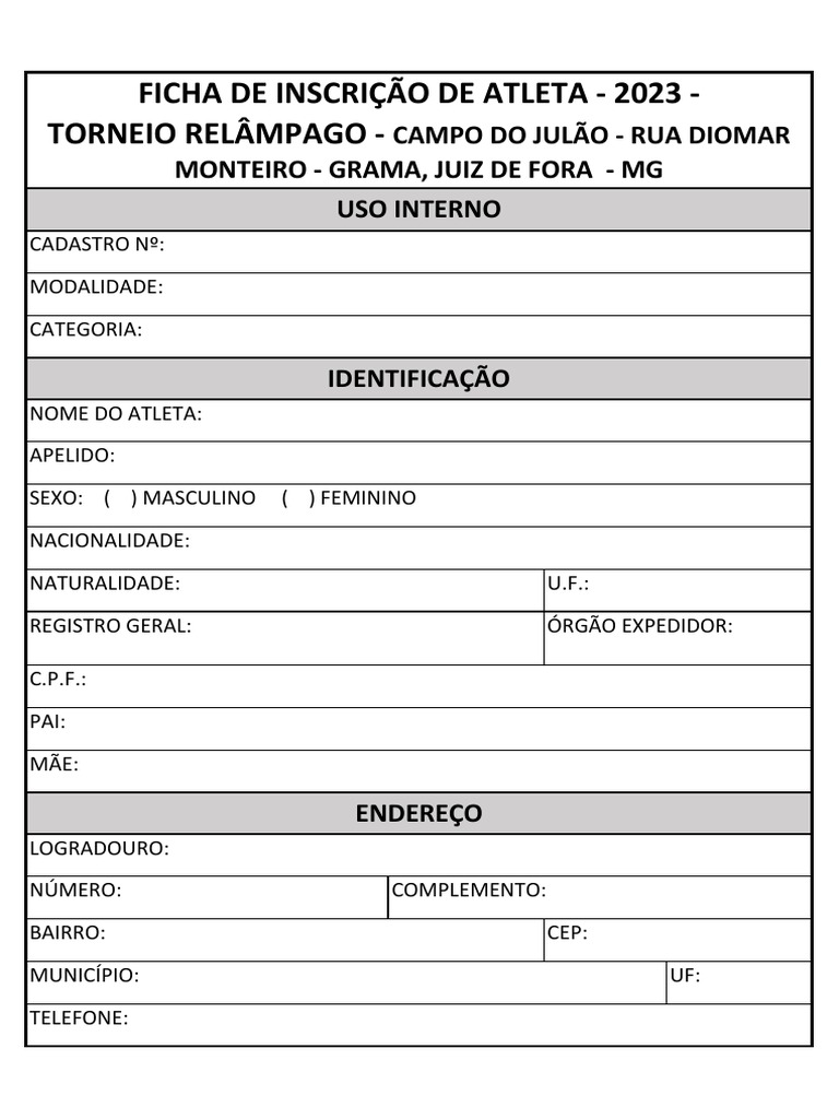 Ficha de Inscrição de Atleta | PDF